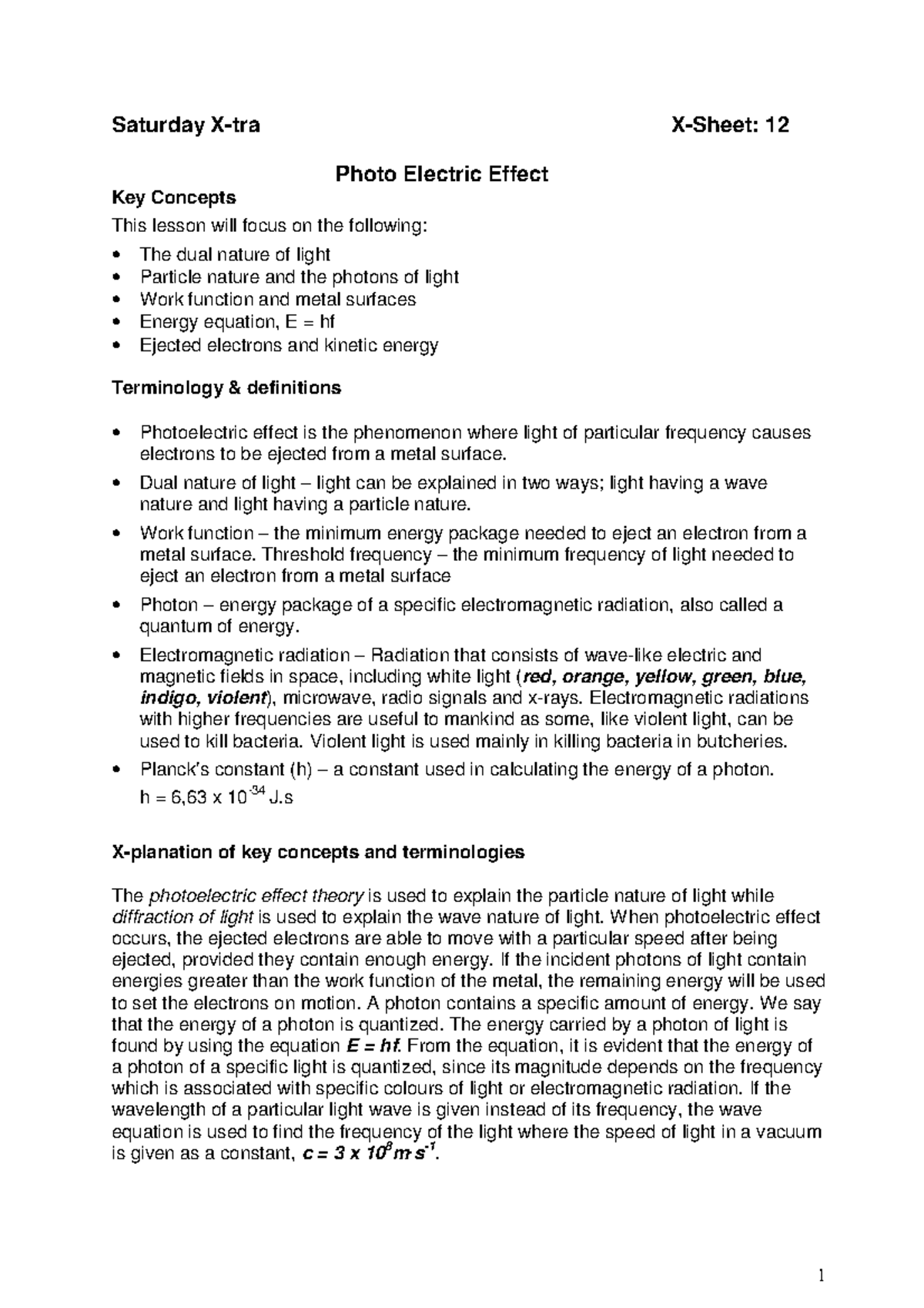 Photo Electric Effect - Grade 12 PHYSICAL SCIENCES NOTES - 1 Saturday X ...
