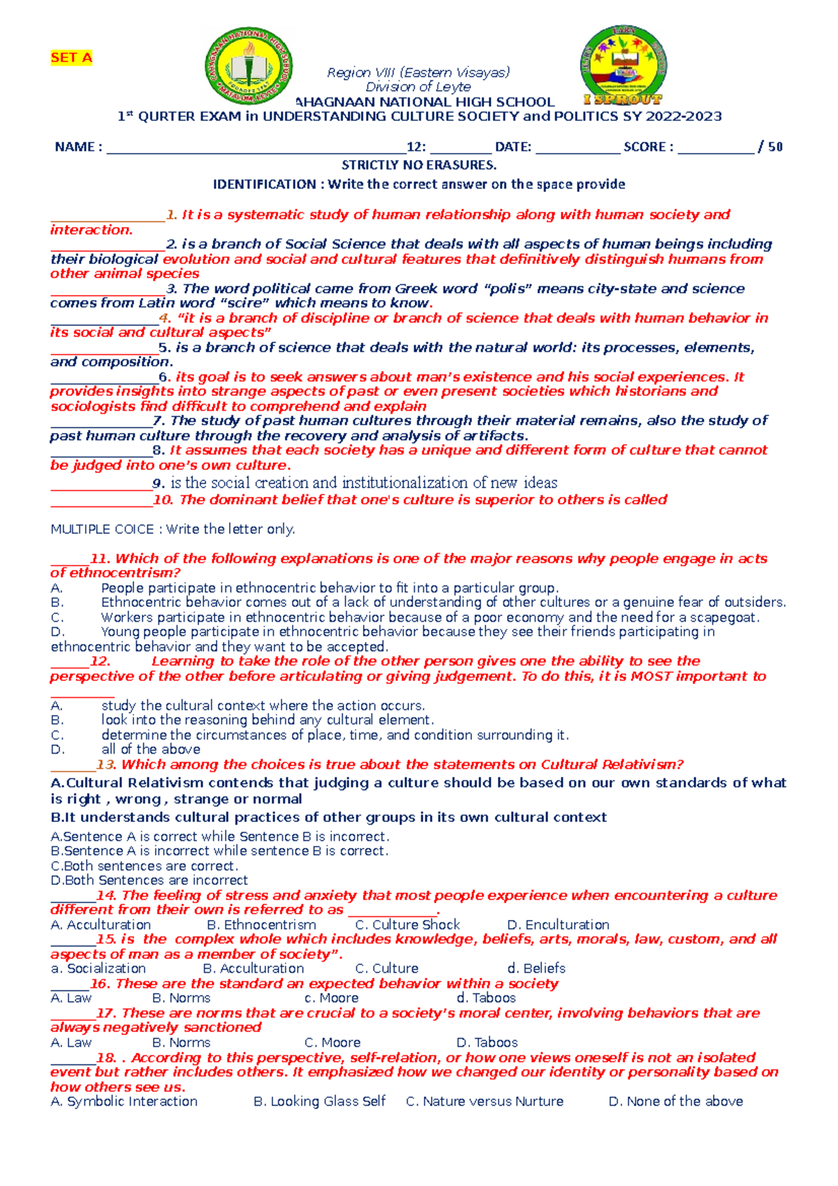 UCSP 1st Q exam 2022 2023 - SET A - SET A Region VIII (Eastern Visayas) Division of Leyte ...