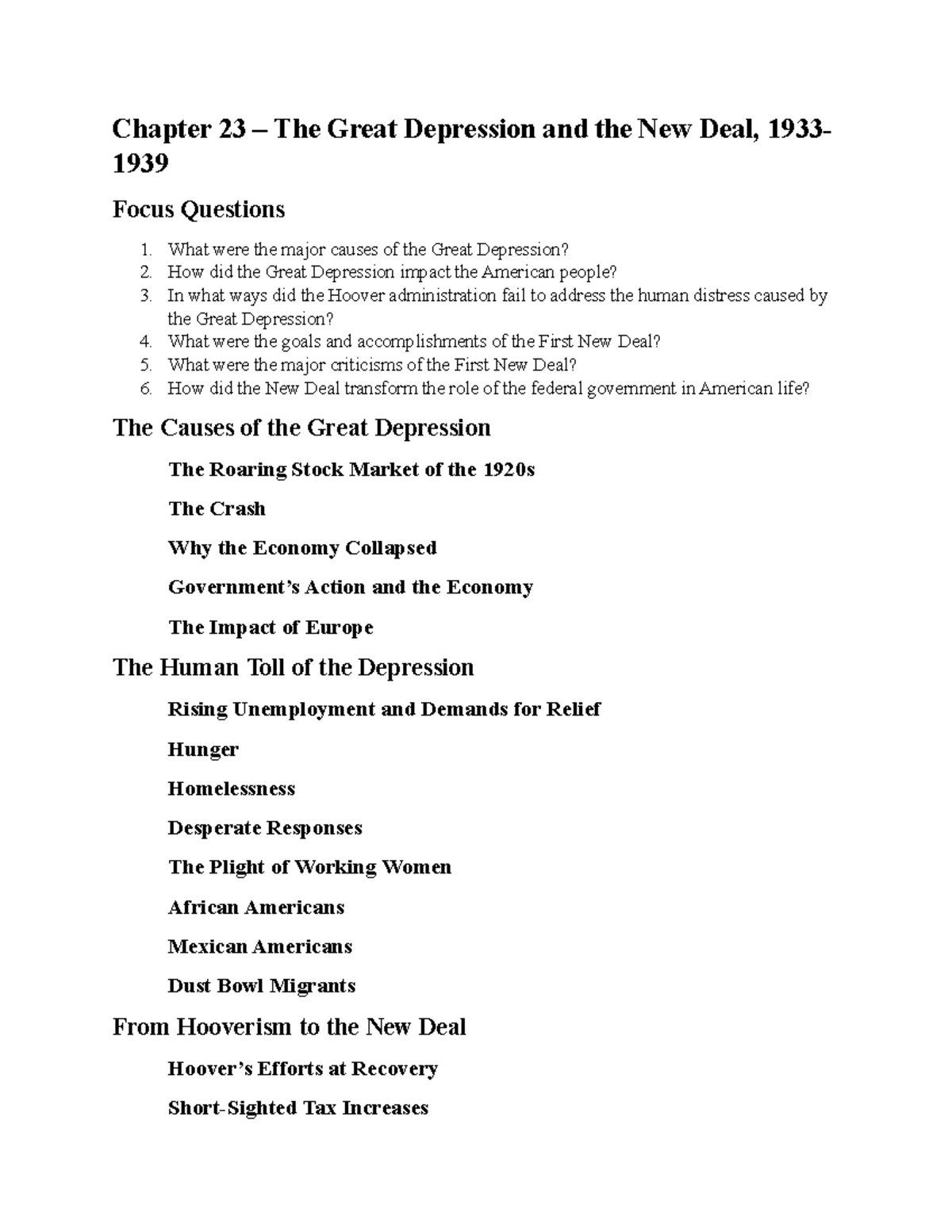 Amnar 12 Brief Chapter 23 Outline - Chapter 23 – The Great Depression ...