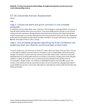 07.06 Genocide - flvs - Reminder: To show your personal understanding, all assignment responses ...