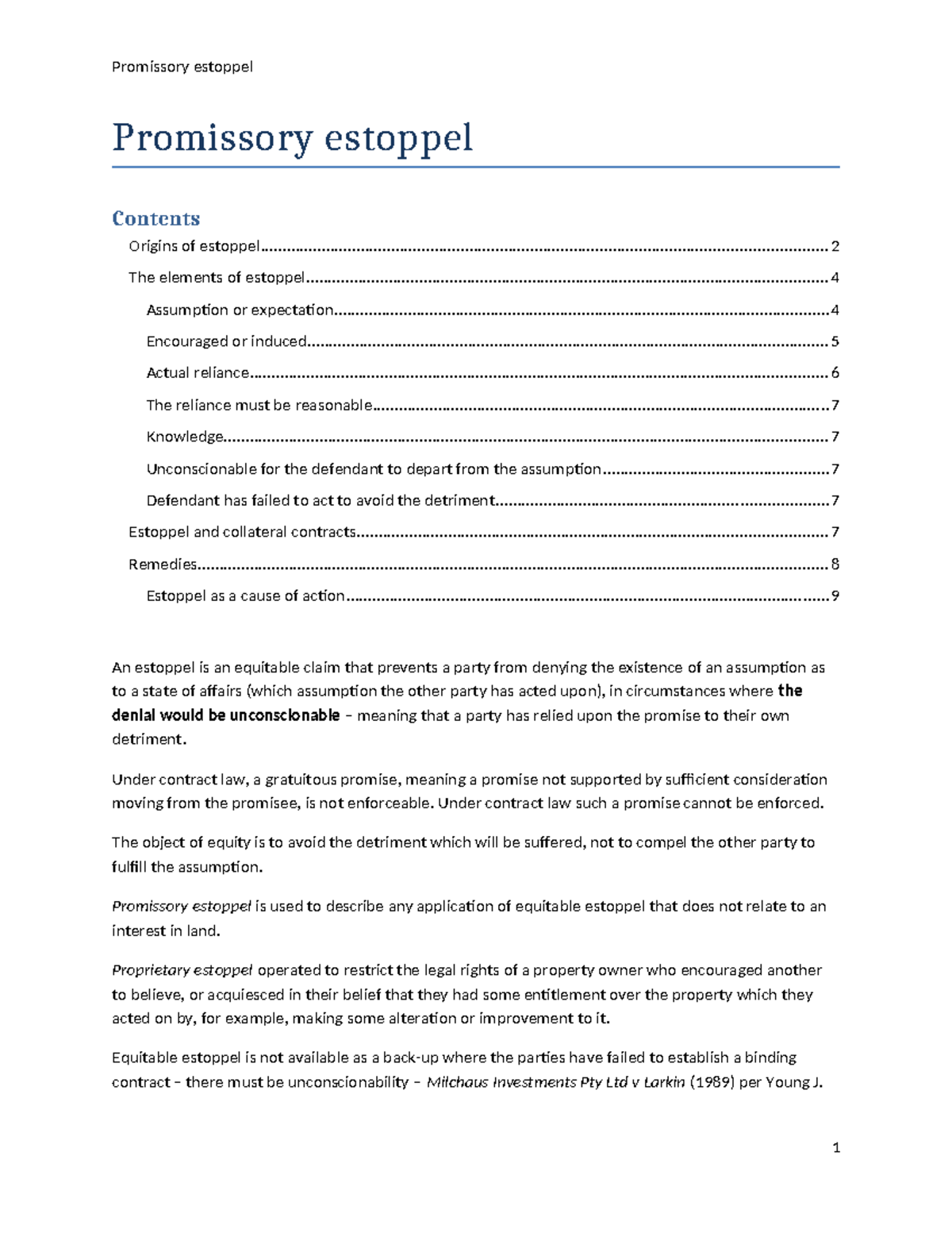 Promissory estoppel - Promissory estoppel Contents Origins of - Studocu