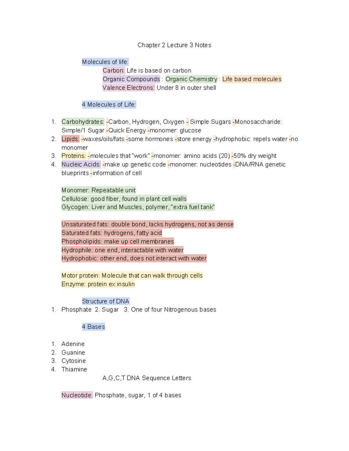 Biology 300 Chapter 2 Lecture 3 - Chapter 2 Lecture 3 Notes Molecules ...