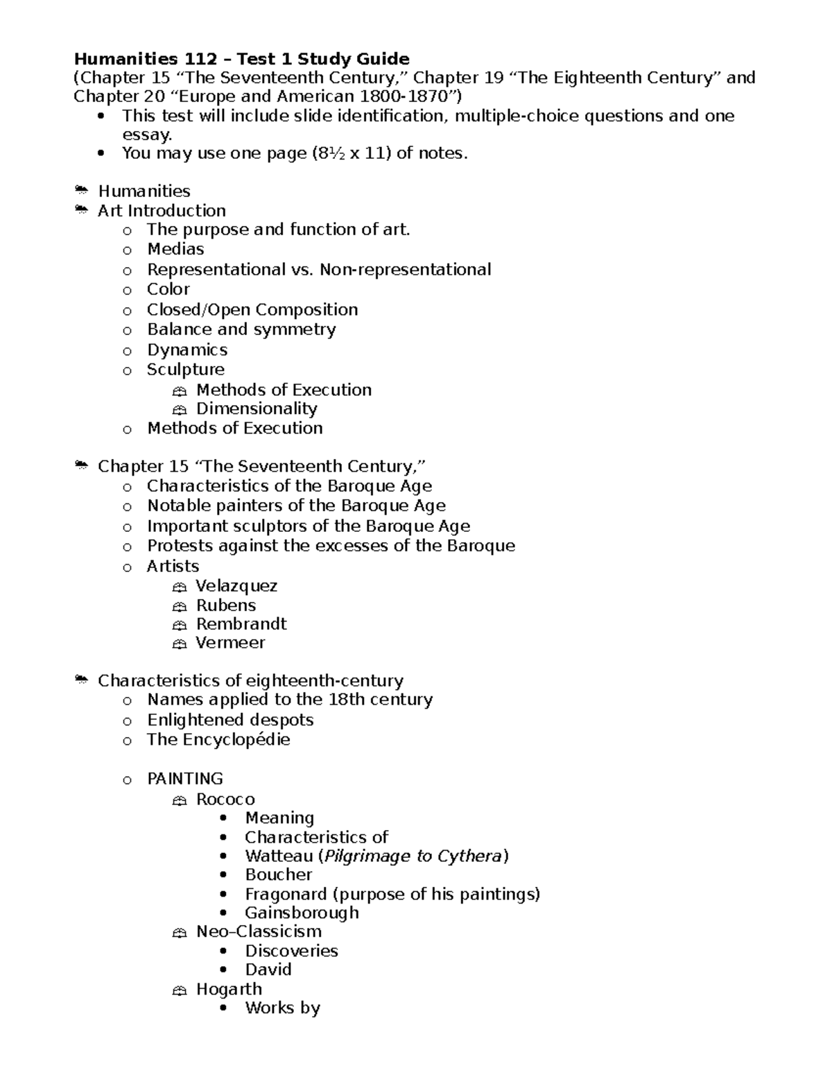 Test 1 study guide - Humanities 112 – Test 1 Study Guide (Chapter 15 ...