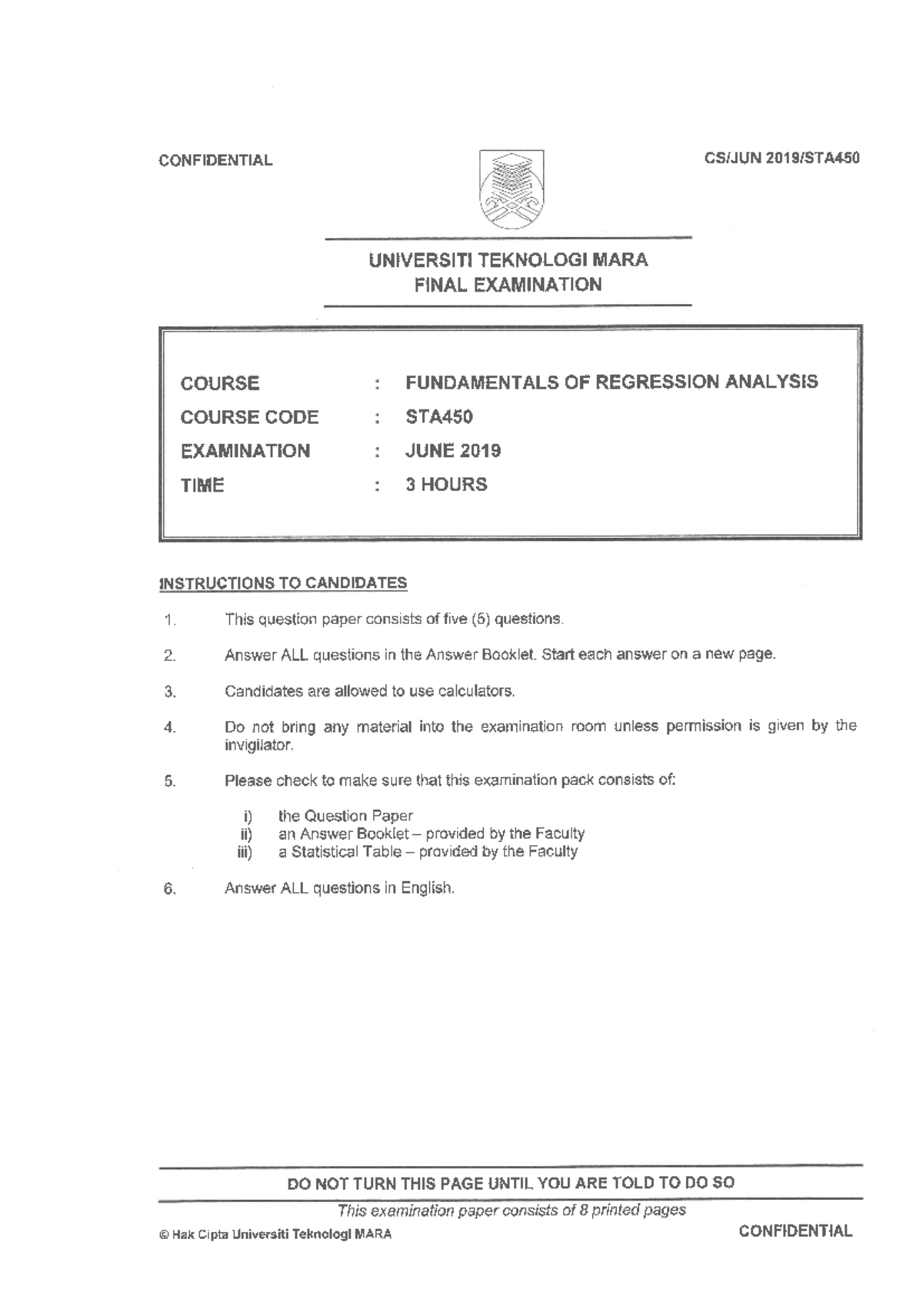 Faculty Computer Sciences AND Mathematic 2019 Session 2 - Degree STA450 ...