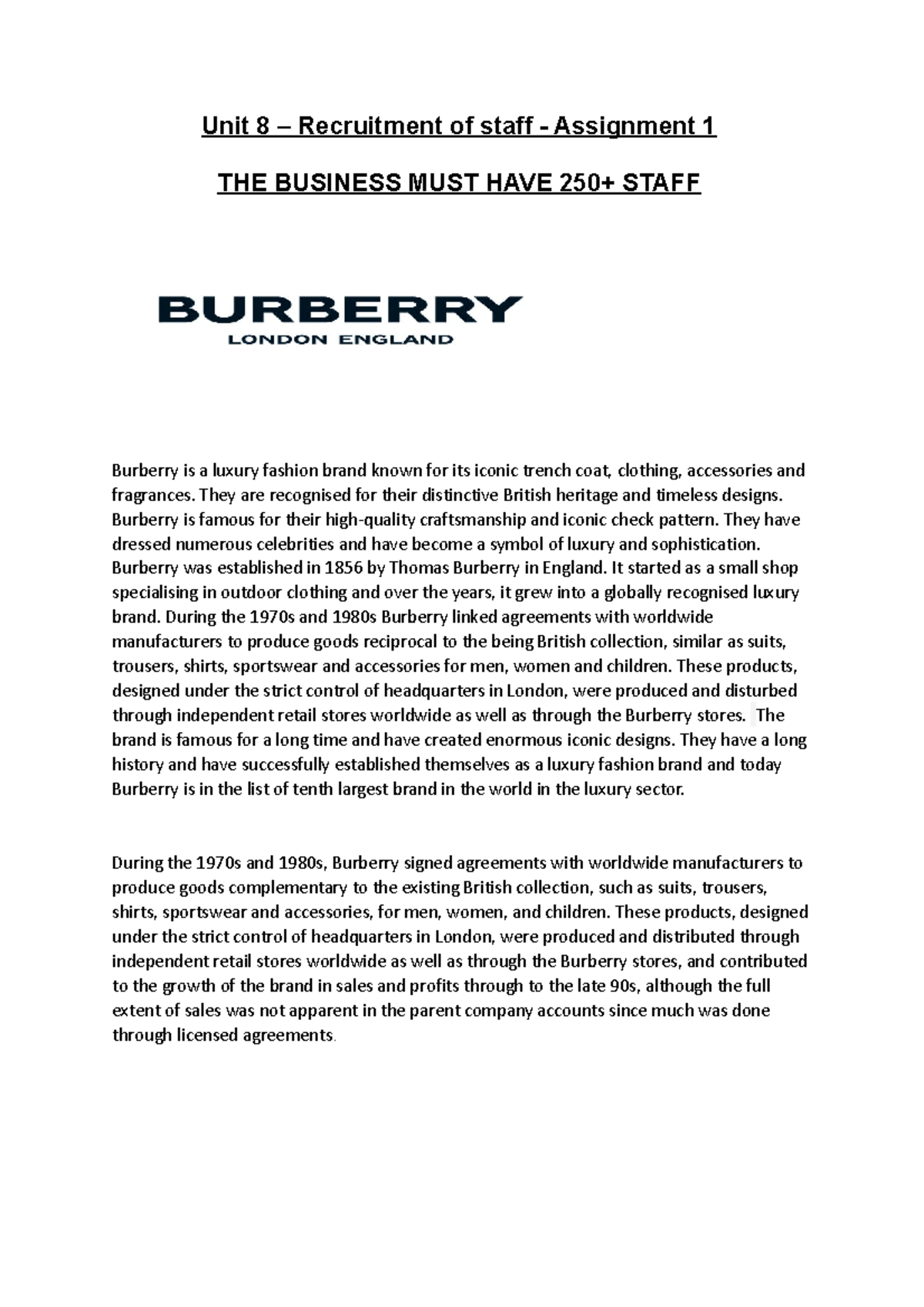 Unit 8 burberry - Gggr - Unit 8 – Recruitment of staff - Assignment 1 ...