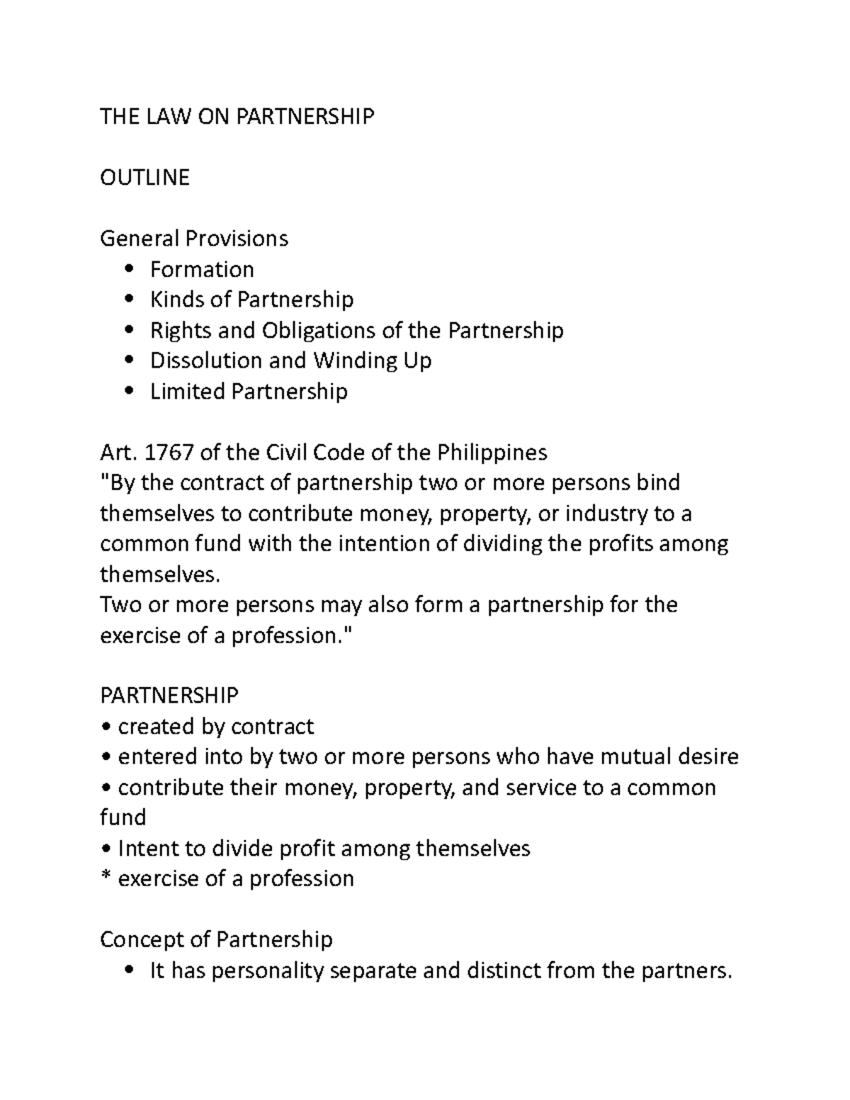 Business Law and Regulations C1 - THE LAW ON PARTNERSHIP OUTLINE ...