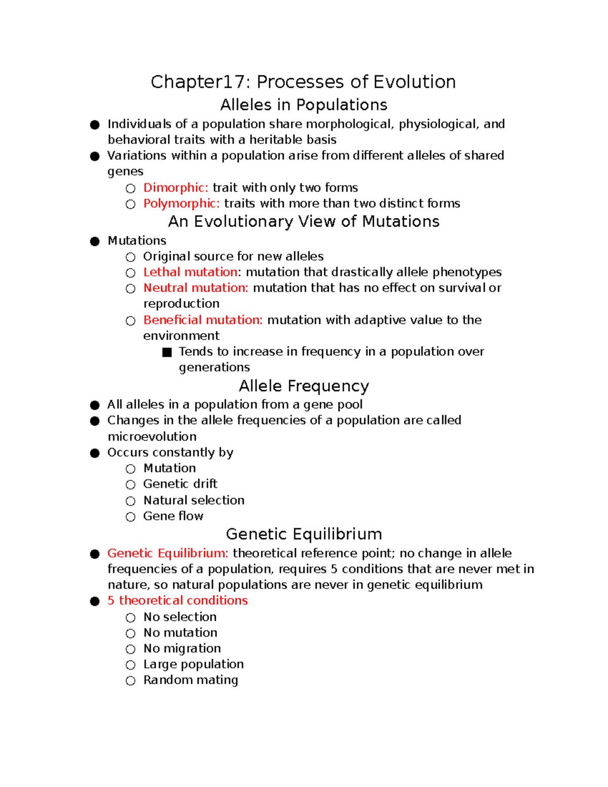 BIOL 101 Module 13 Notes Processes of Evolution - Chapter17: Processes ...