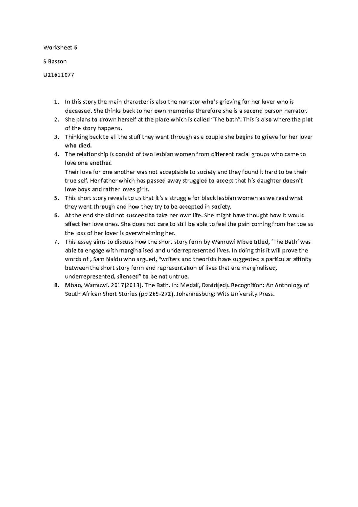 Worksheet 6 - Very good - Worksheet 6 S Basson U In this story the main ...