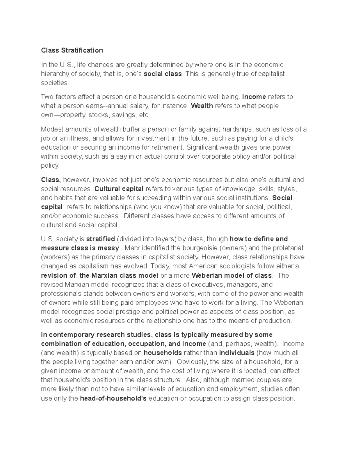 Sociology class notes - Class Stratification In the U., life chances ...