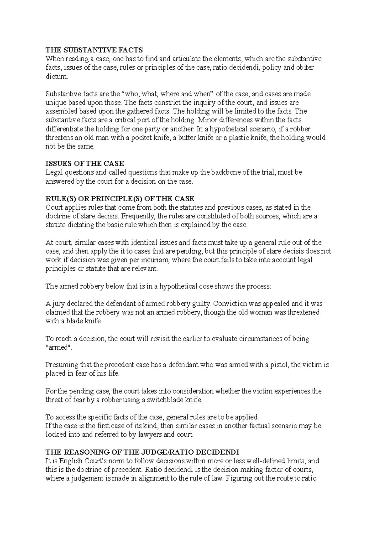 Material Elements IN Reading A CASE LAW - THE SUBSTANTIVE FACTS When ...