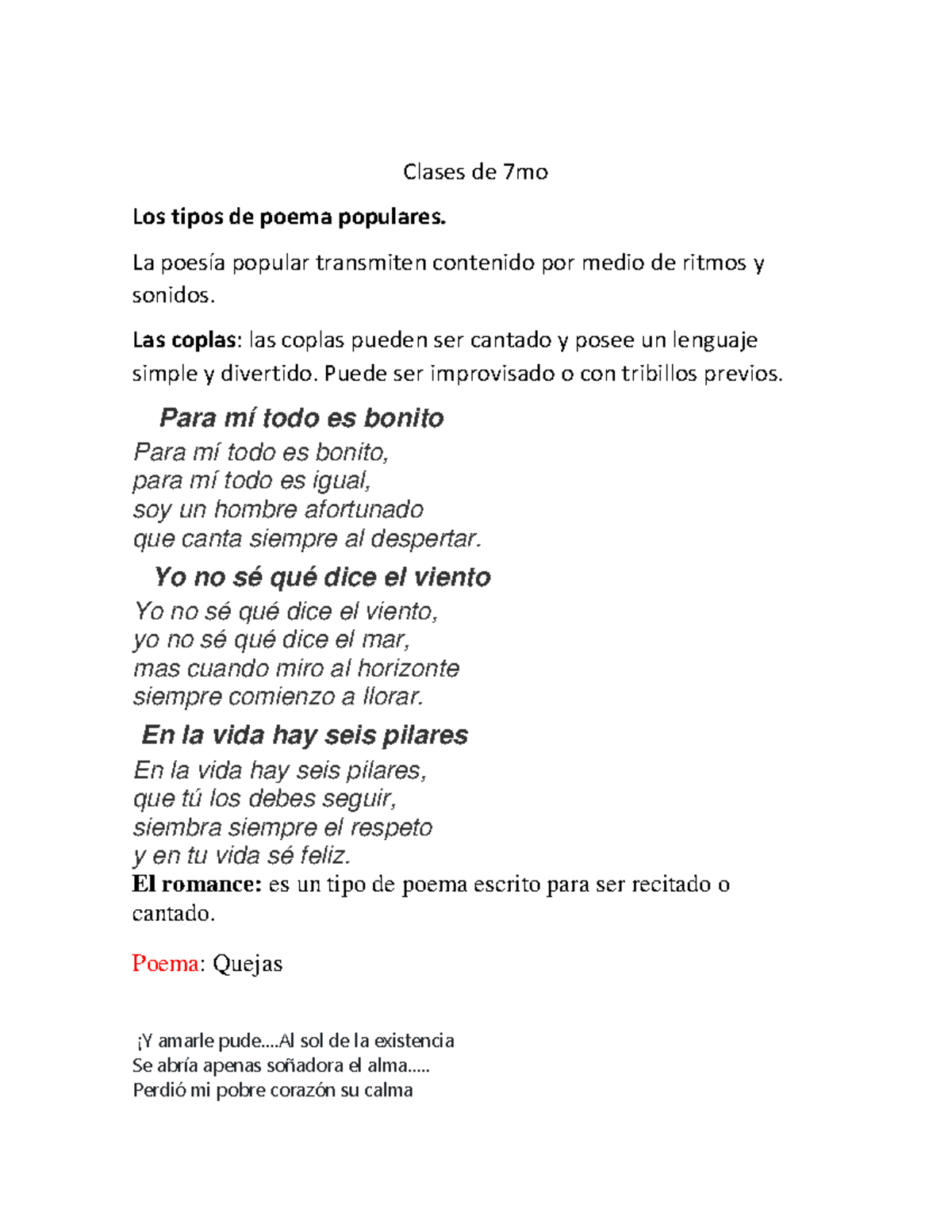 Clases de 7mo EL Poema - Clases de 7mo Los tipos de poema populares. La ...