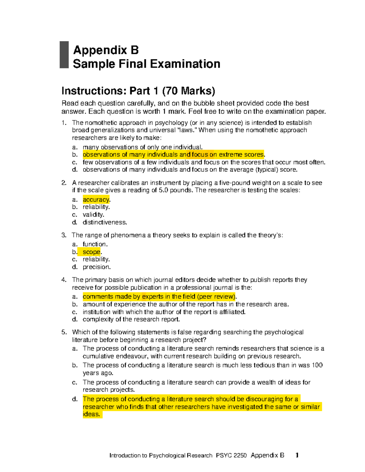 Appendix B Sample Final Exam1 - Introduction to Psychological Research ...