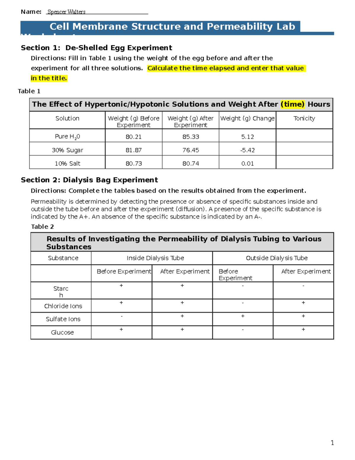 4 Cell Membrane worksheet S20 - Section 1: De-Shelled Egg Experiment ...
