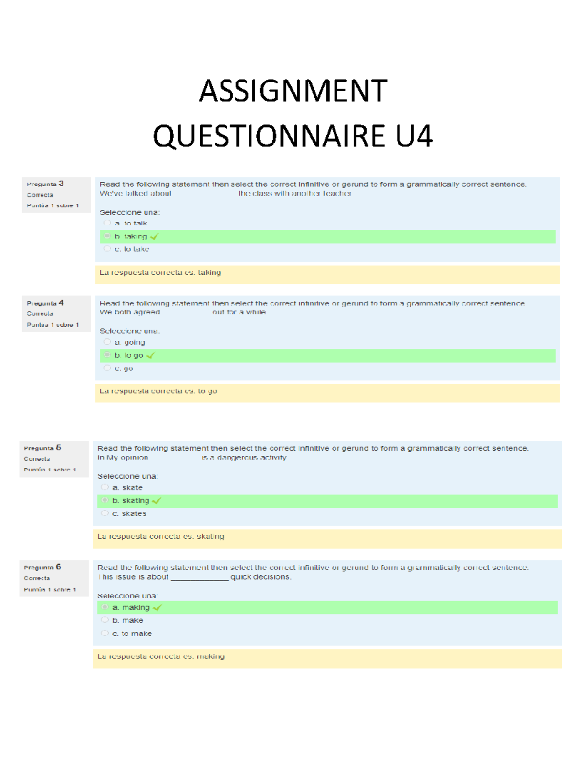 Assignment Questionnaire U4 Ingles 3 respuestas de examenes - Inglés III - ASSIGNMENT ...
