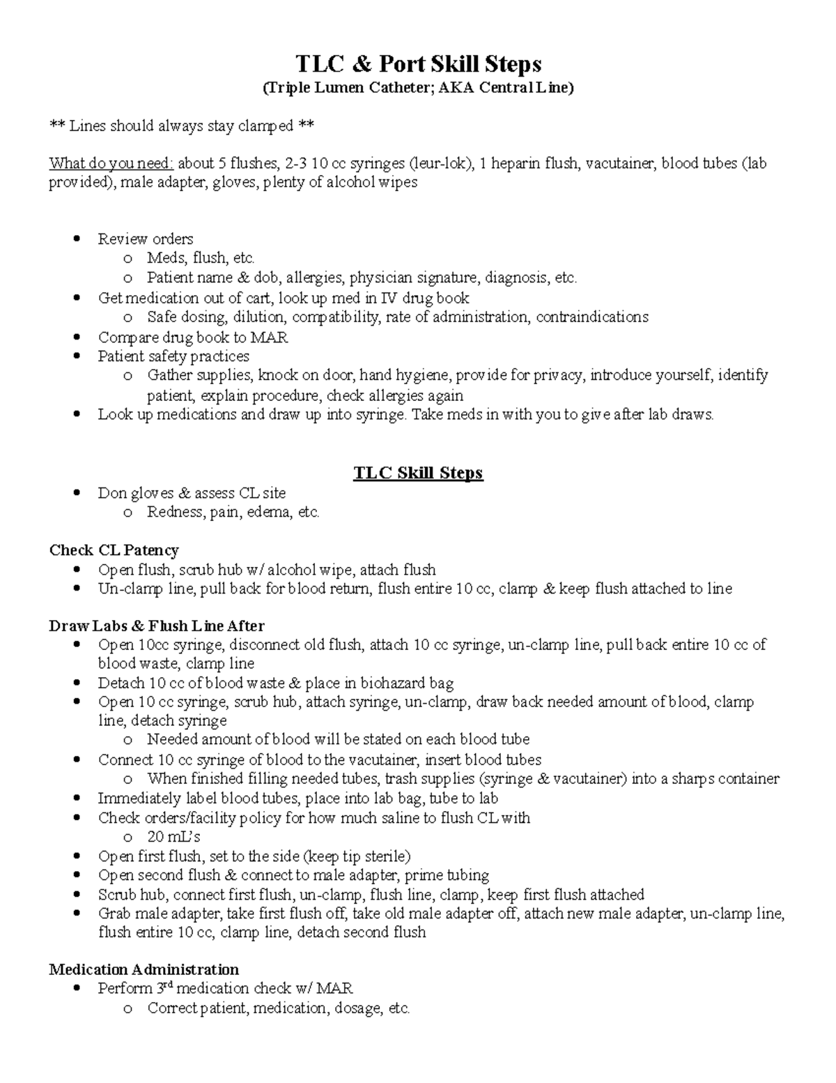 TLC & Port Skill Steps - TLC & Port Skill Steps (Triple Lumen Catheter ...