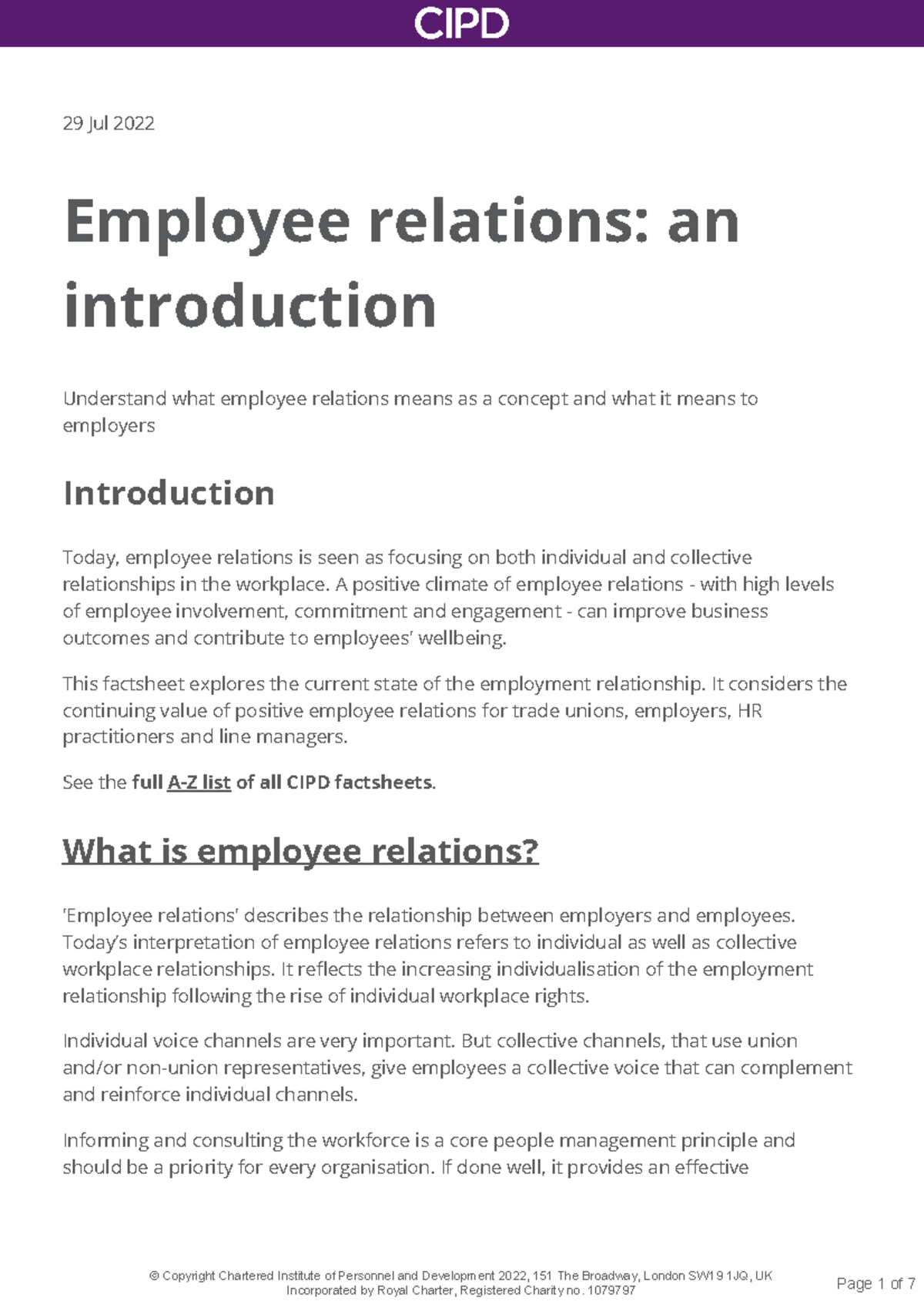 CIPD factsheet - introduction to employee relations Jul2022 - 29 Jul ...