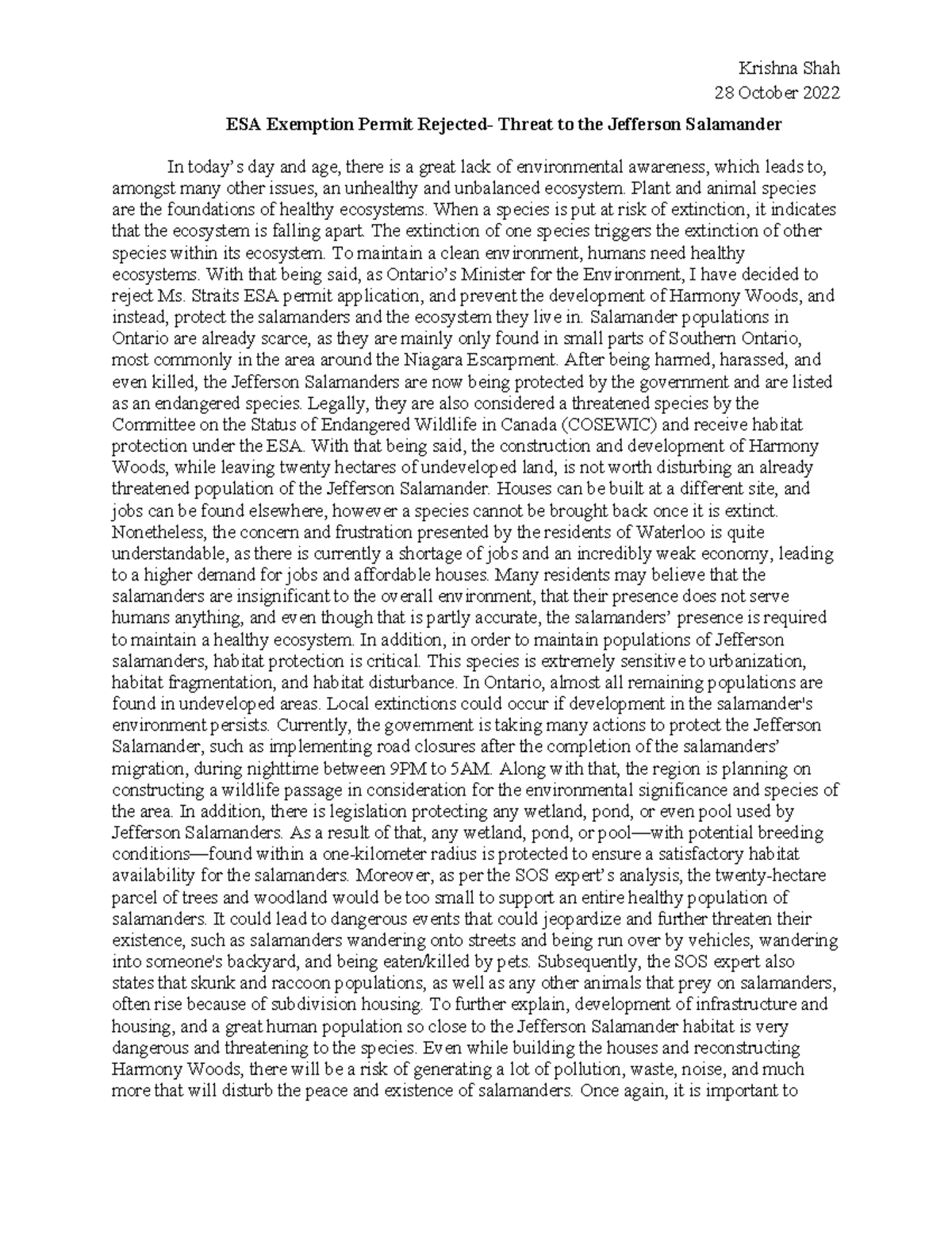 Profs Choice Assignment - 28 October 2022 ESA Exemption Permit Rejected ...