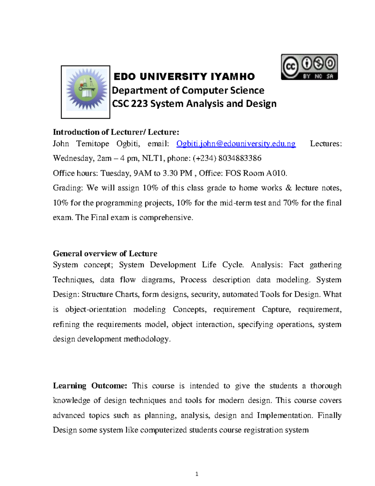 System analysis and design lecture note - EDO UNIVERSITY IYAMHO ...
