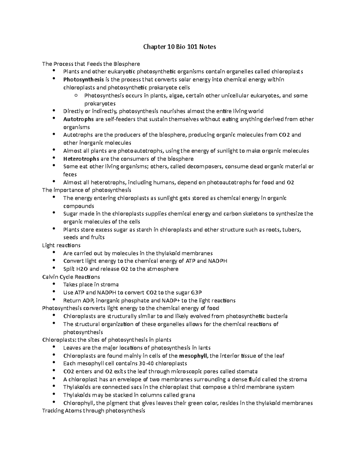 Chapter 10 Bio 101 Notes - Chapter 10 Bio 101 Notes The Process that ...
