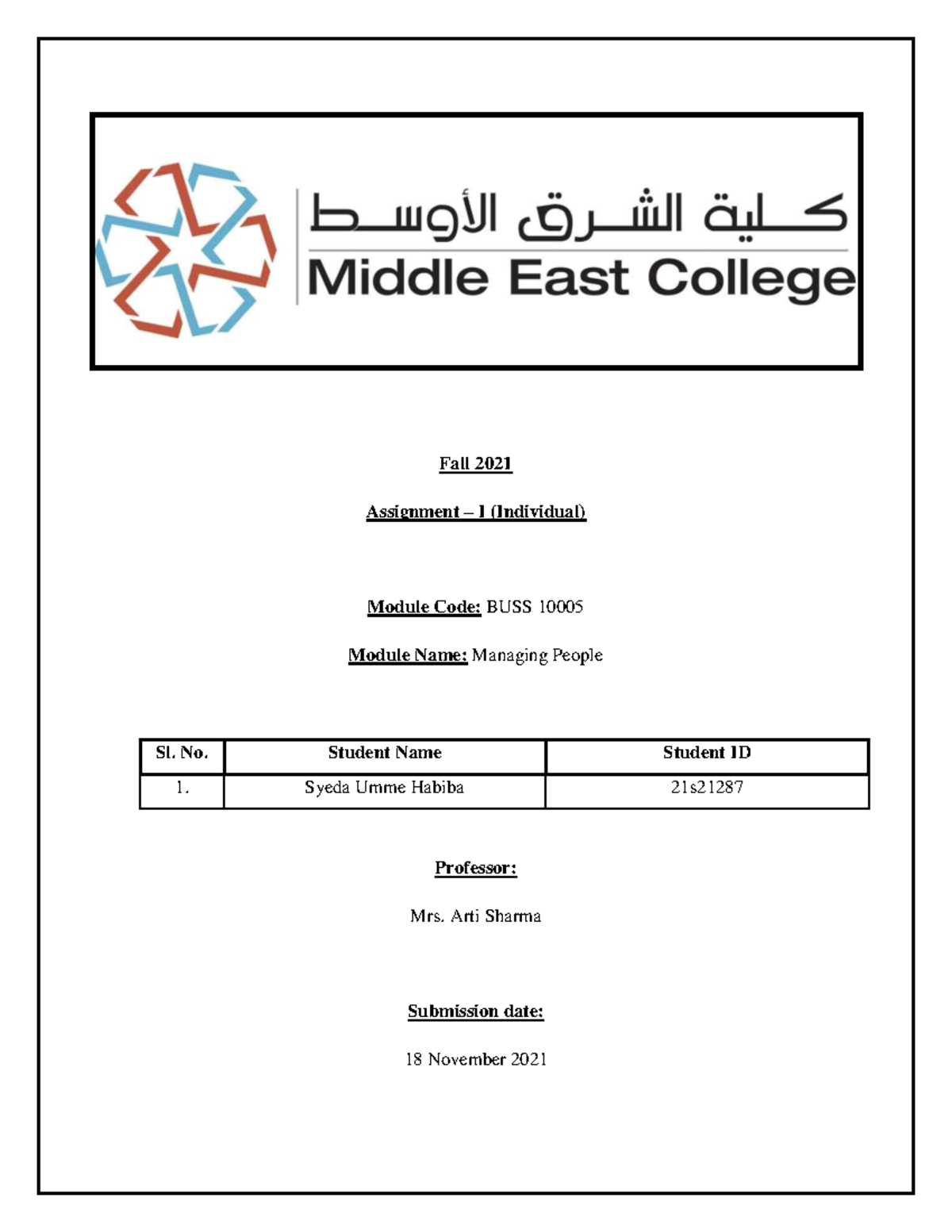 Sample - Managing People - CW 1 23361 972980942 - Fall 2021 Assignment ...