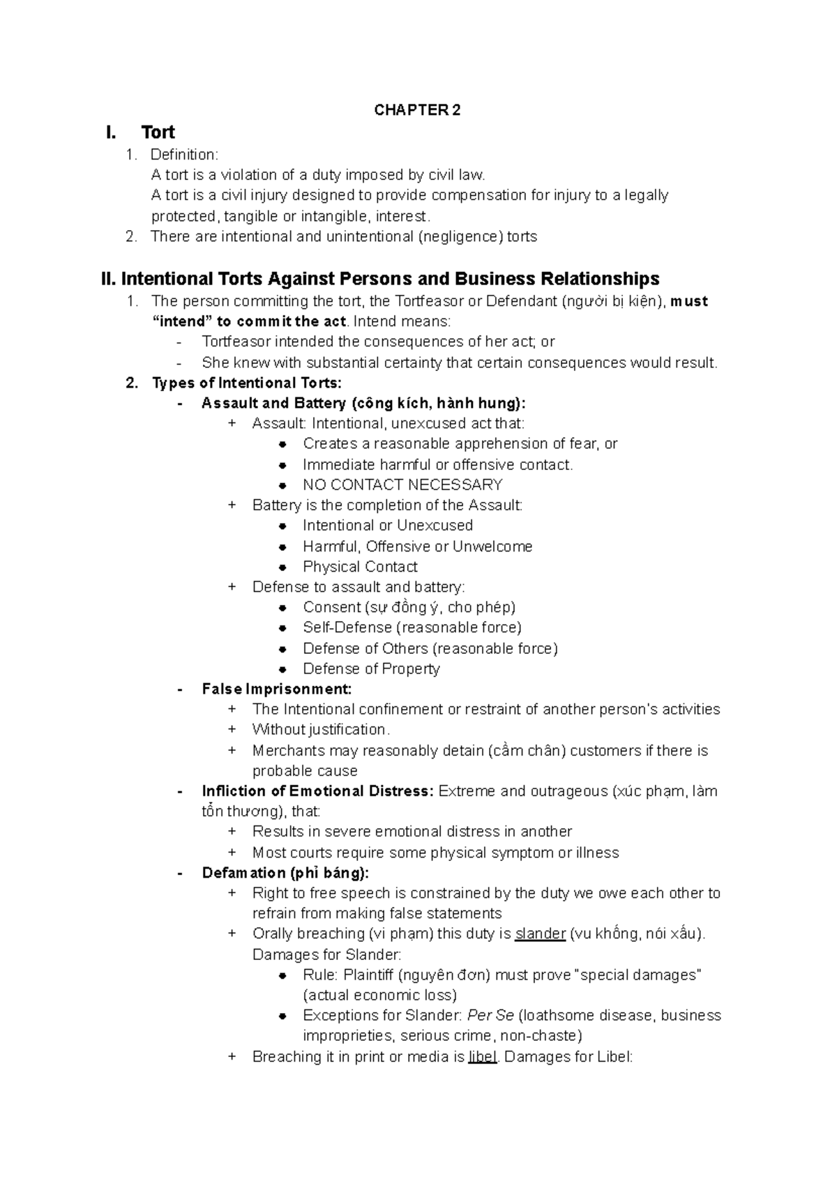 Law - CHAPTER 2 I. Tort Definition: A tort is a violation of a duty ...