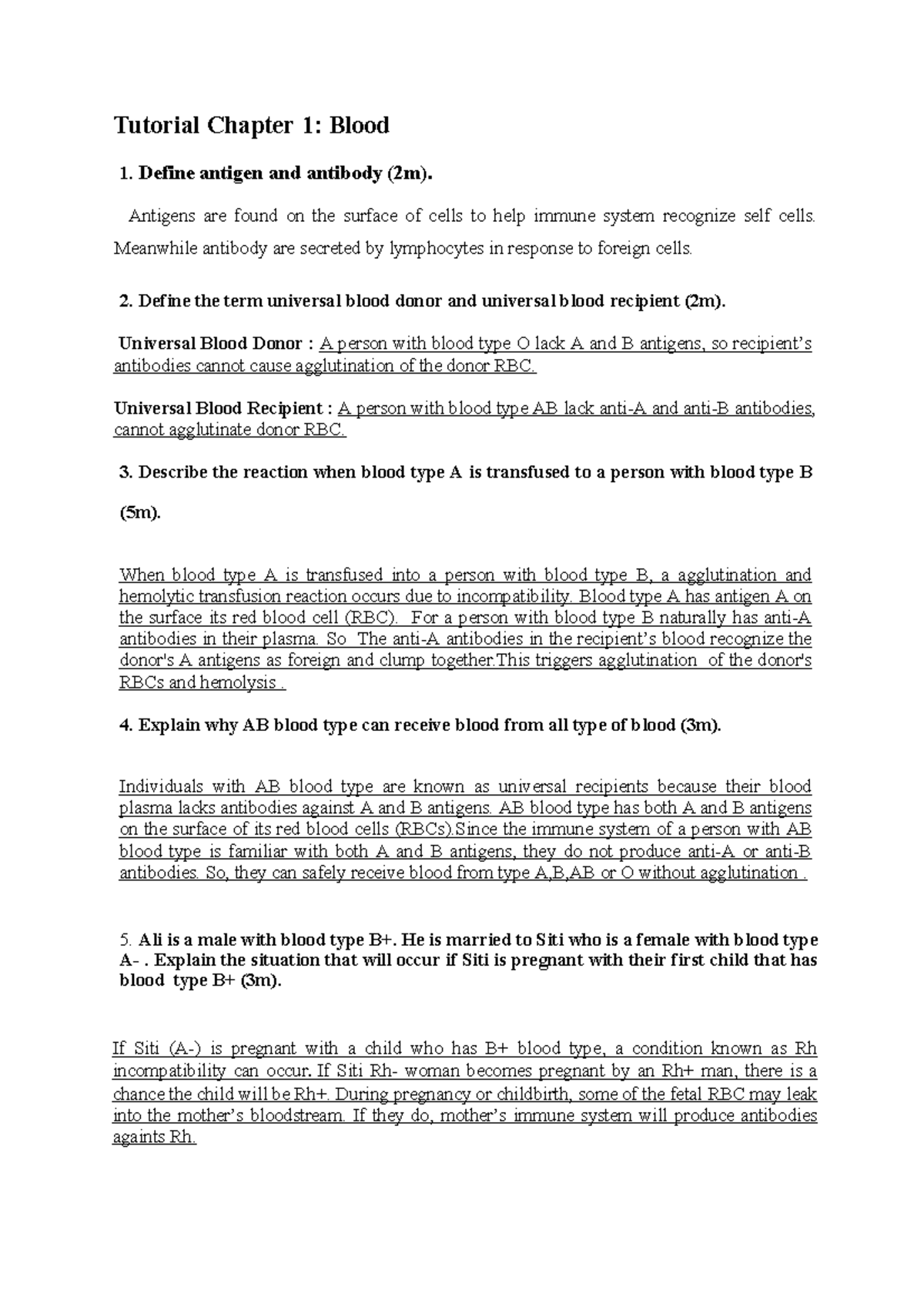 Tutorial Chapter 1 Blood - Tutorial Chapter 1: Blood 1. Define antigen and antibody (2m ...