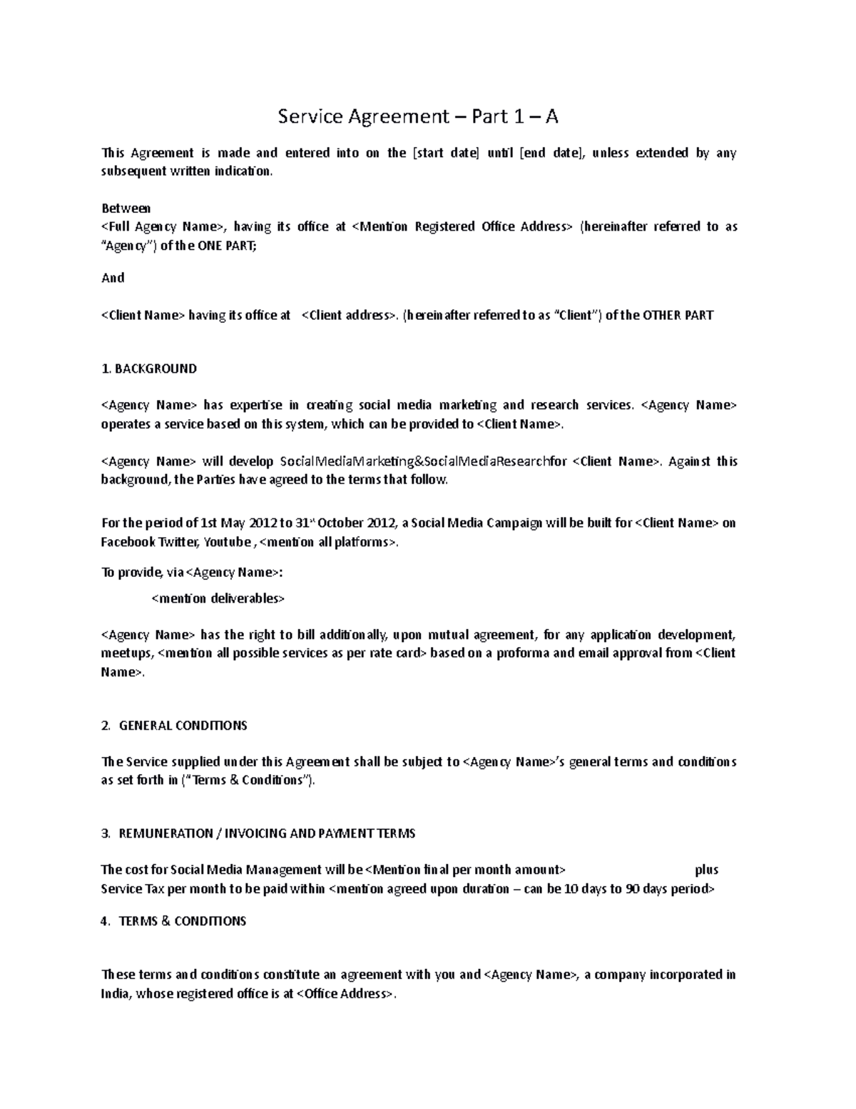 Service Agreement – Part 1 – A - Service Agreement – Part 1 – A This ...