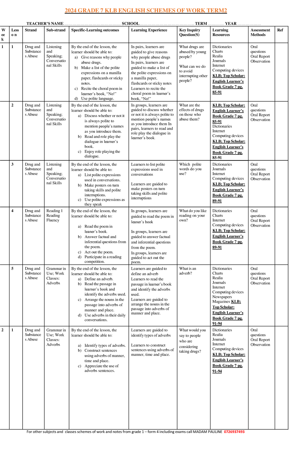 2024 Grade-7-English-Schemes-of-Work-Term-2 - For other subjects and ...