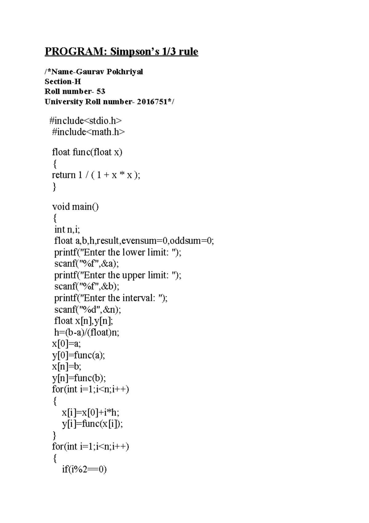 Cbnst - PROGRAM: Simpson’s 1/3 rule /Name-Gaurav Pokhriyal Section-H Roll number- 53 University ...