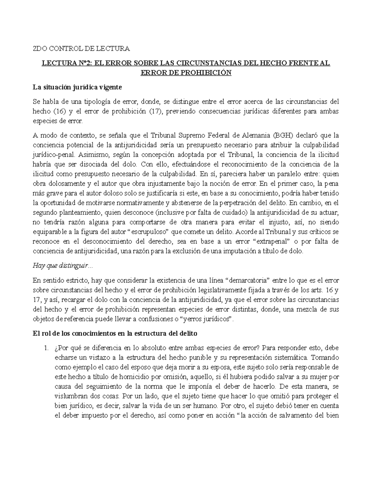 Resumen Lectura Penal - Error de circunstancias y error de prohibición ...
