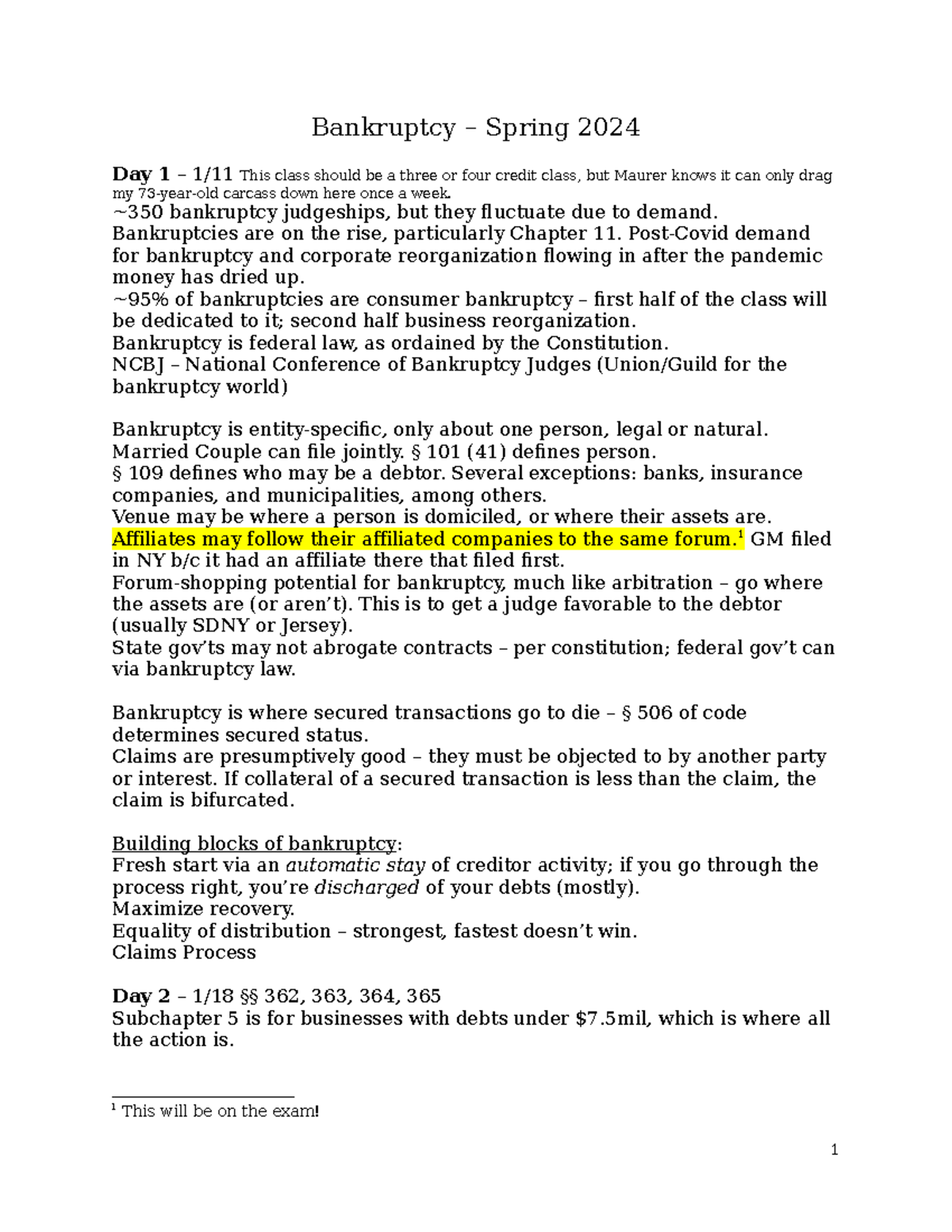 Banktruptcy Note Doc - Bankruptcy class notes - Bankruptcy – Spring ...