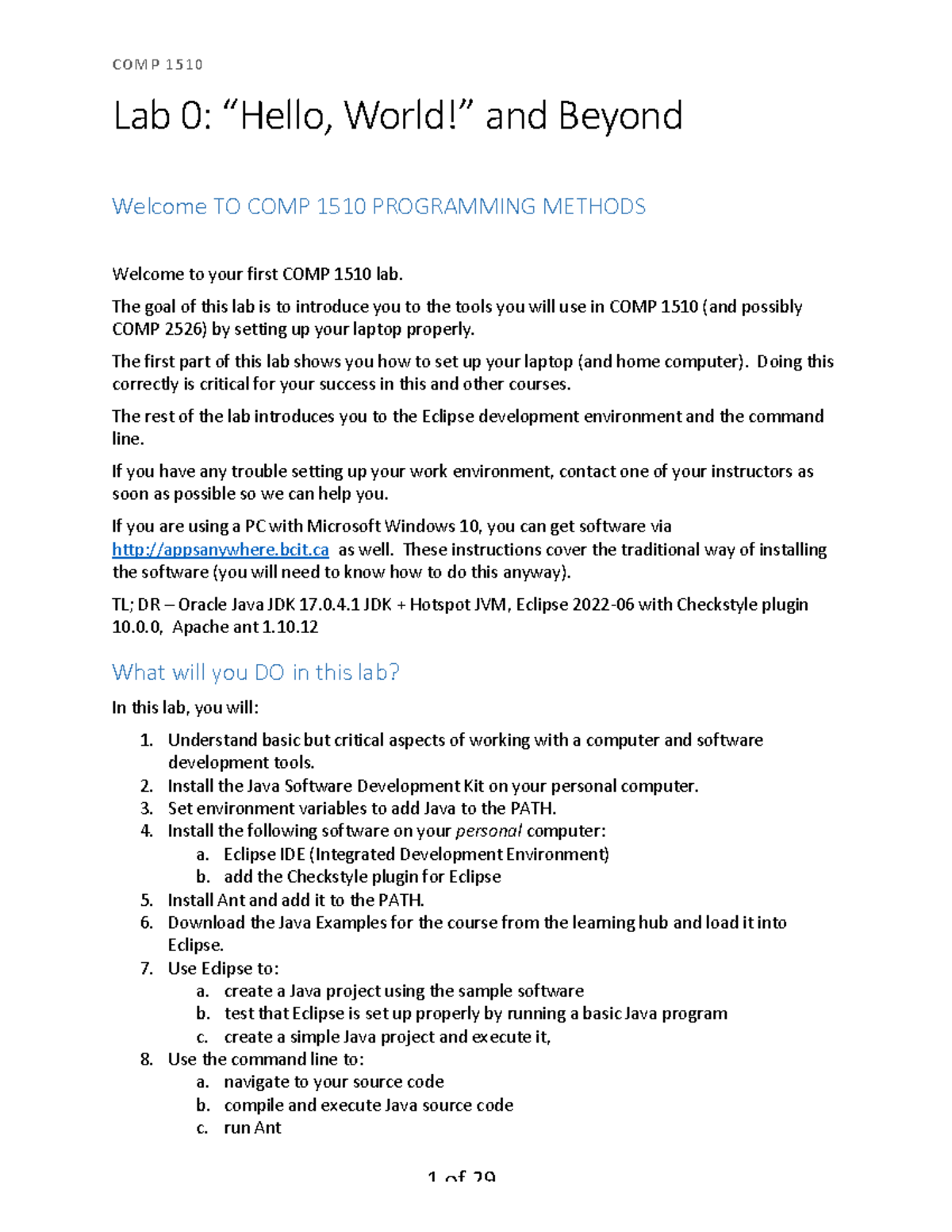 Comp 1510 Lab 0 Lab Instruction C Om P 1510 Lab 0