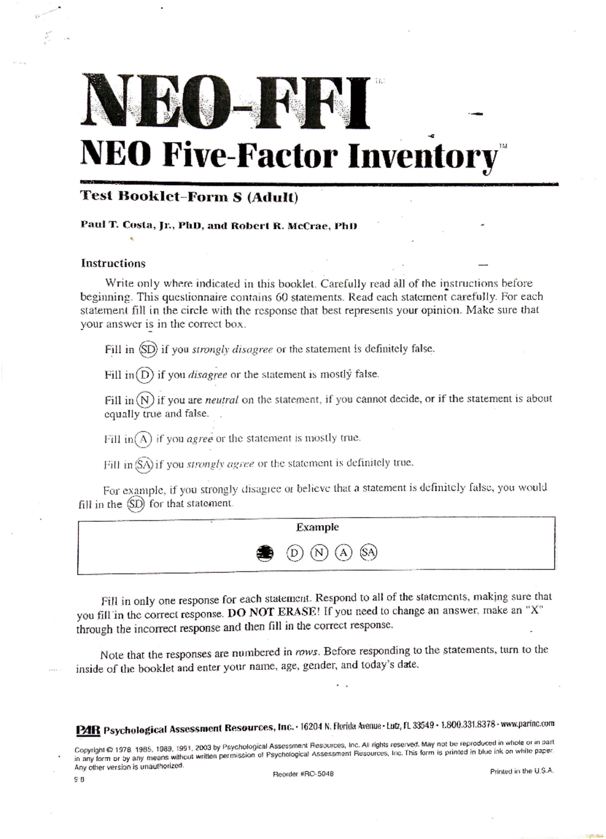 Neo-ffi questionnaire - M,6U,~rtlvt1sl ,, NEO Five-Factor Invelltory ...