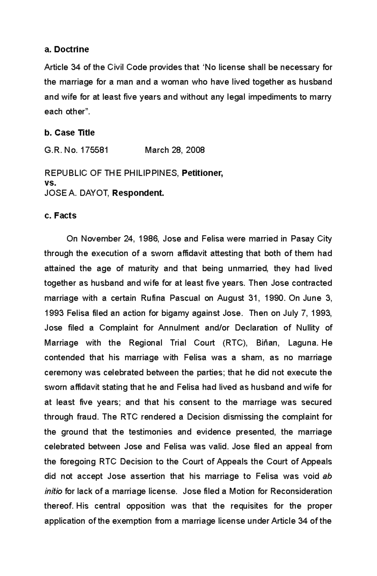 8 - cases - a. Doctrine Article 34 of the Civil Code provides that “ No ...