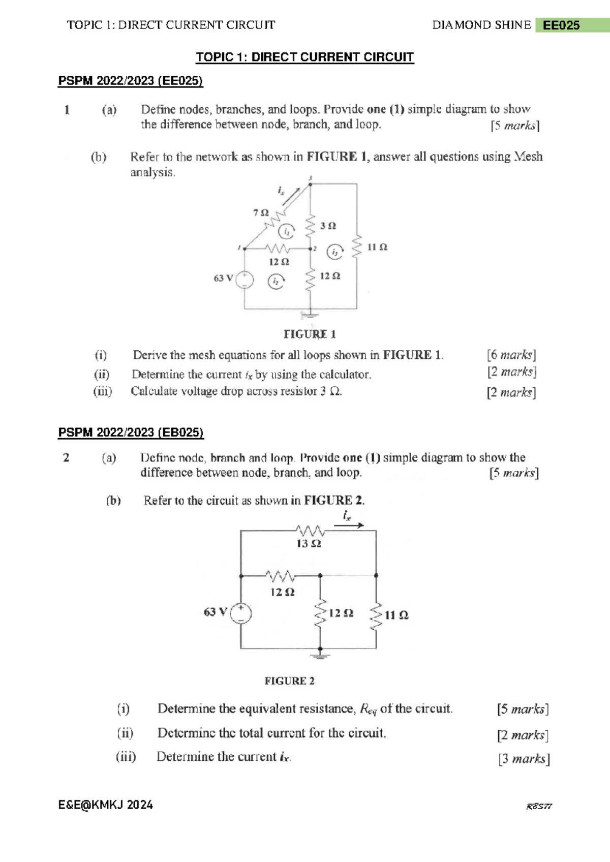 dc practice for pspm sem 2 - PYQ EE TOPIC 1: DIRECT CURRENT CIRCUIT PSPM 2022/2023 (EE025) PSPM ...