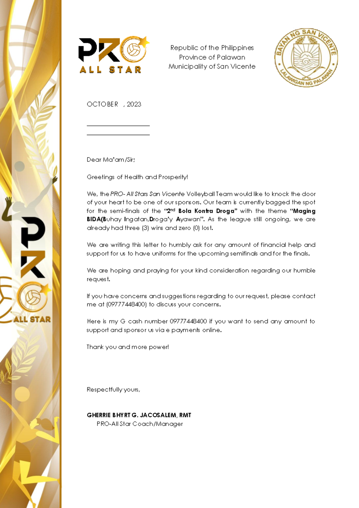 PRO solicitation Letter word - Republic of the Philippines Province of ...