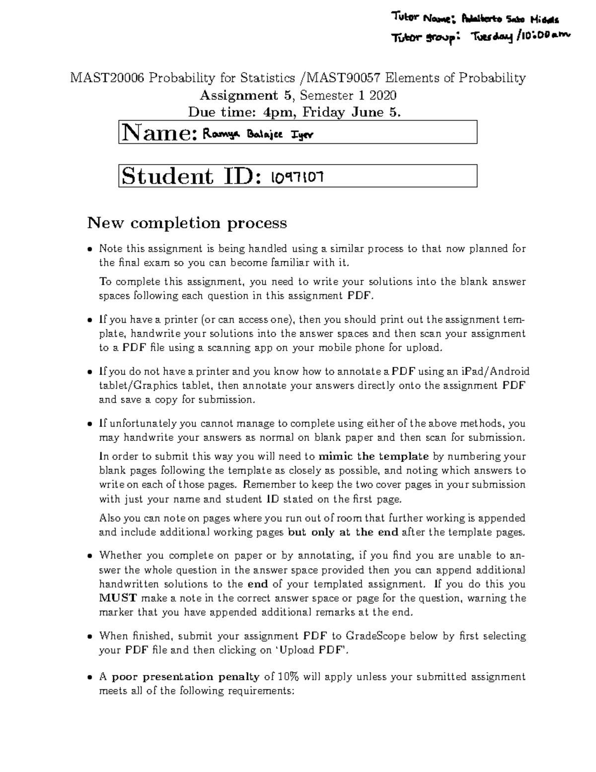 Assignment 5 - MAST20006 Probability for Statistics /MAST90057 Elements ...