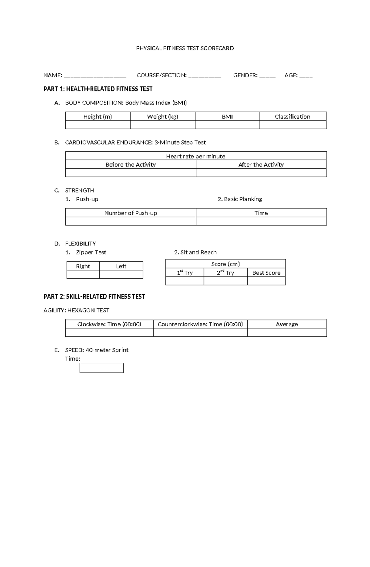 Physical Fitness TEST Scorecard 1 1 1 - PHYSICAL FITNESS TEST SCORECARD ...