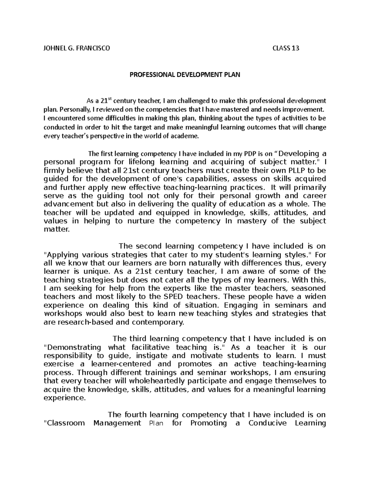 Part 2 Essay ON PDP - Deliverables - JOHNEL G. FRANCISCO CLASS 13 ...