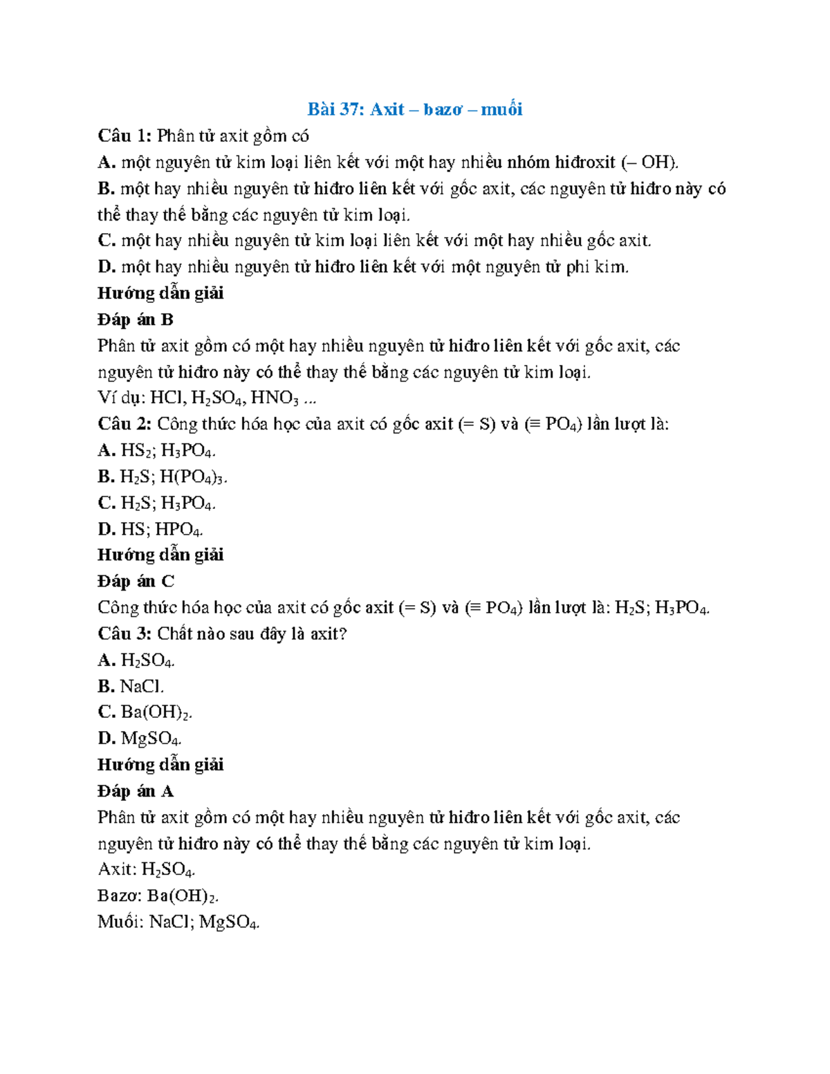 Trac nghiem axit bazo muoi co dap an hoa lop 8 - Bài 37: Axit – bazơ ...