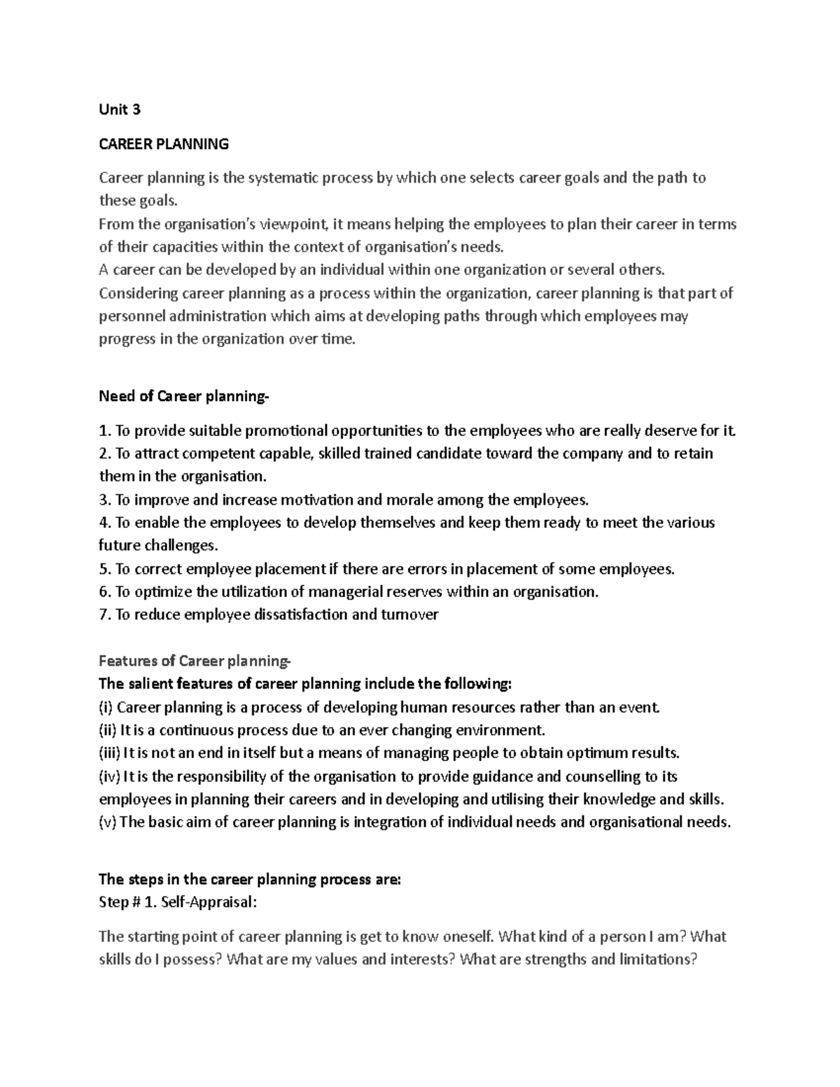 HRM U3 - Unit 3 CAREER PLANNING Career planning is the systematic ...