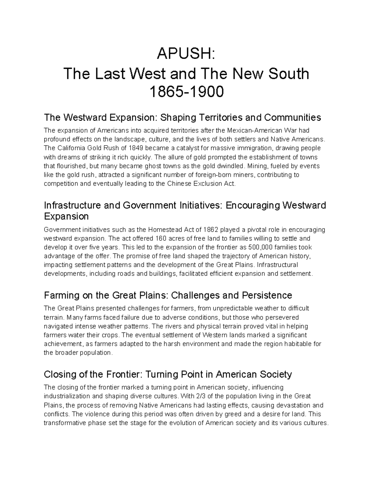 Apush Notes The Last West and The New South - APUSH: The Last West and ...