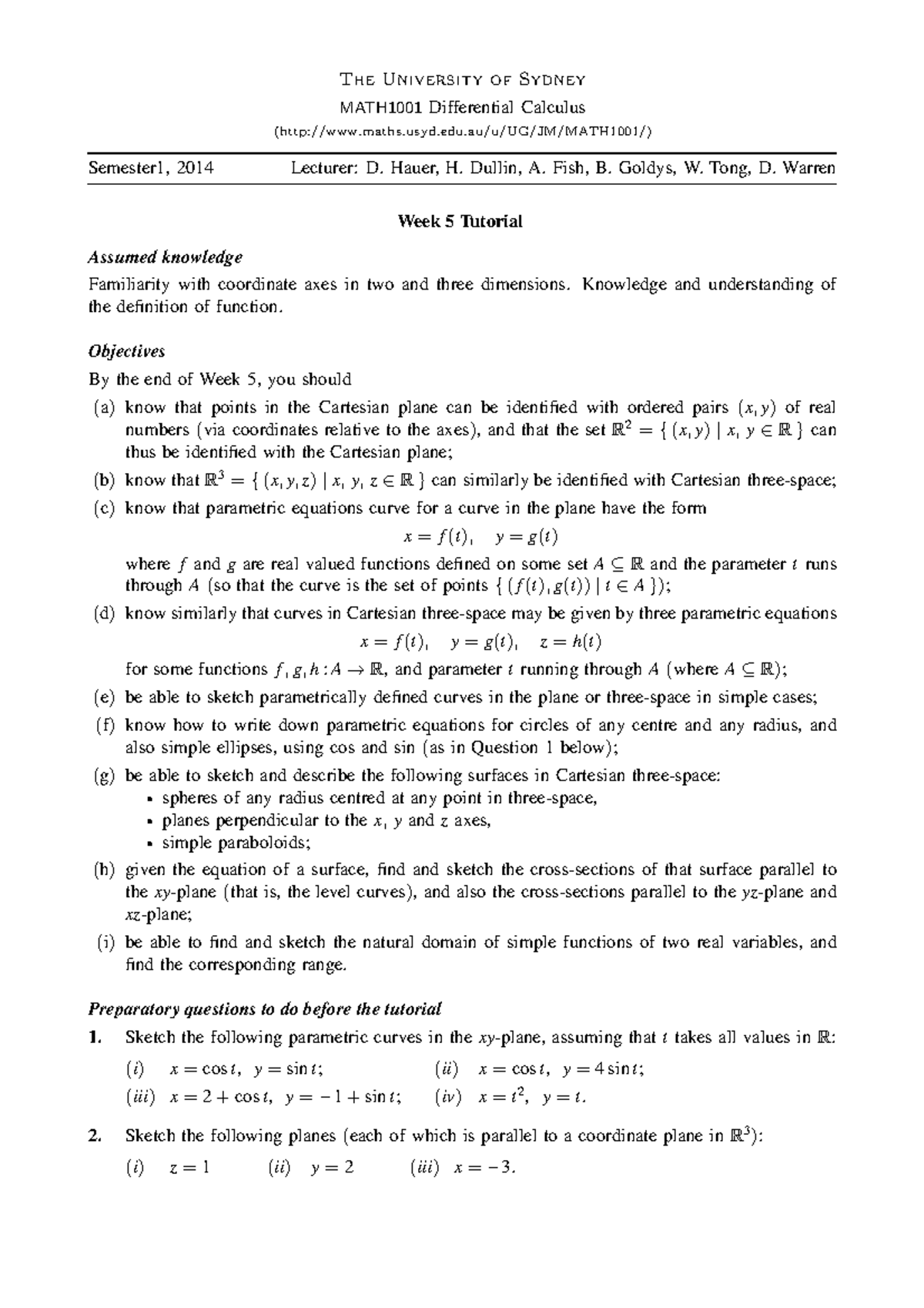 MATH1001 - Week 5 Tutorial - Multivariate Functions and Parametric ...