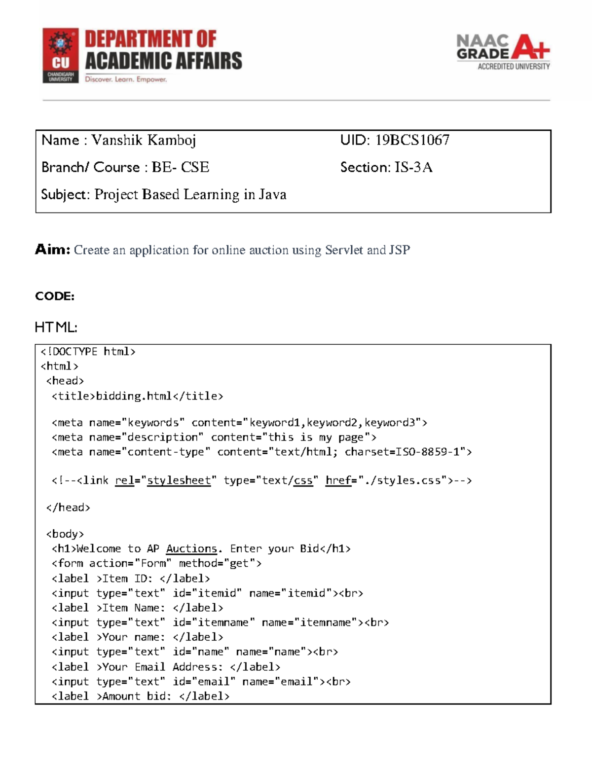 1067 java3 - mandatory worksheet to do - Name : Vanshik Kamboj UID ...