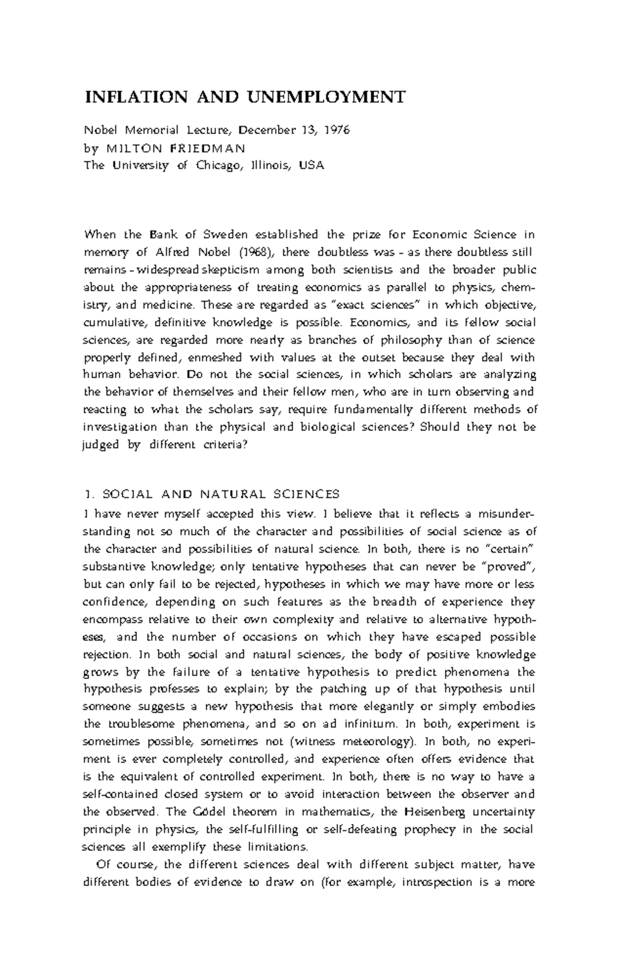 Friedman-lecture-1 - Milton Friedman model - INFLATION AND UNEMPLOYMENT ...