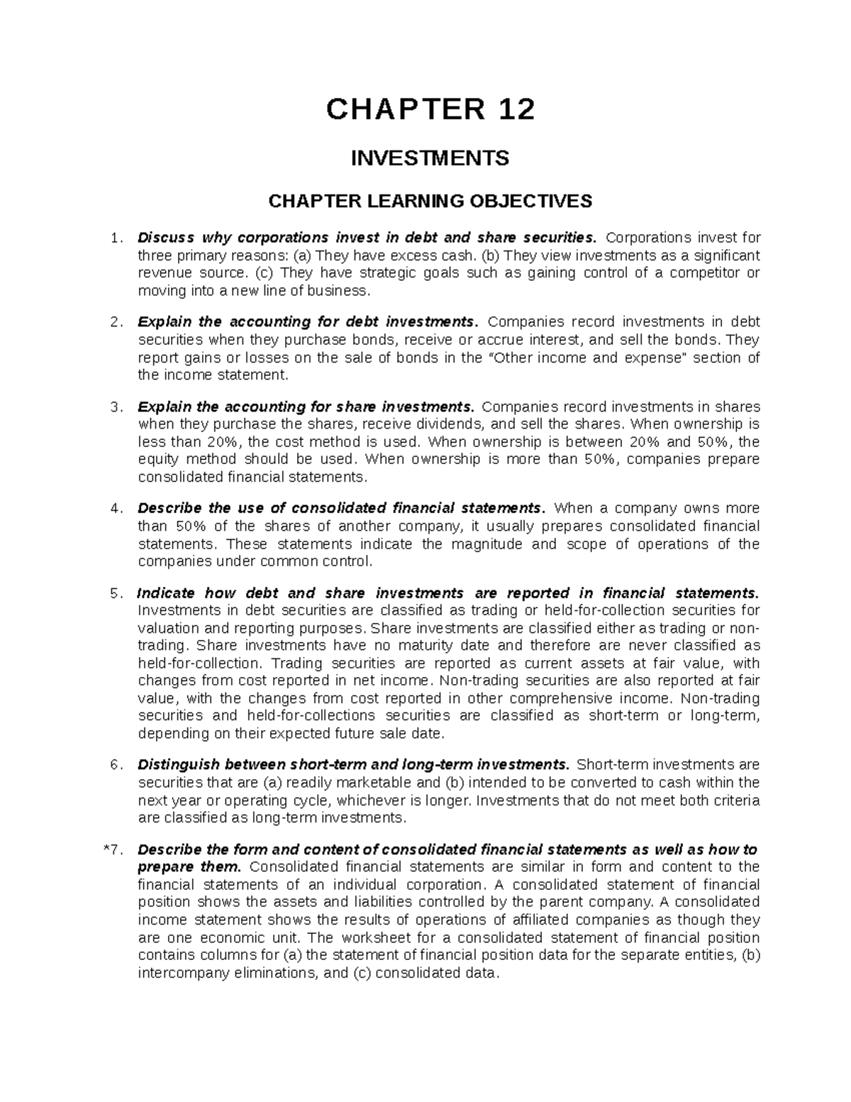 Ch12 - Testbank - CHAPTER 12 INVESTMENTS CHAPTER LEARNING OBJECTIVES ...