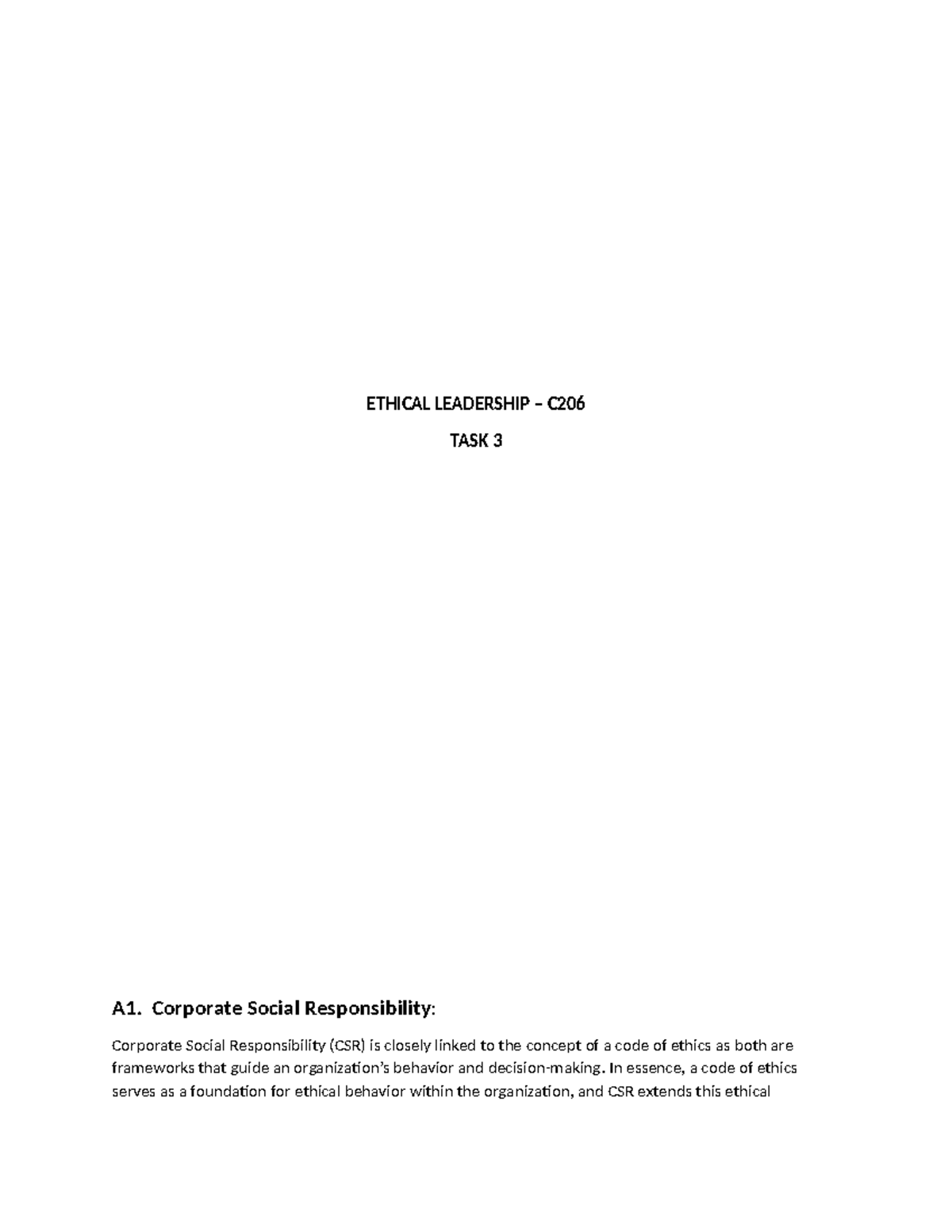 Ethics task 3 (final) - Passed - ETHICAL LEADERSHIP – C TASK 3 A1. Corporate Social ...