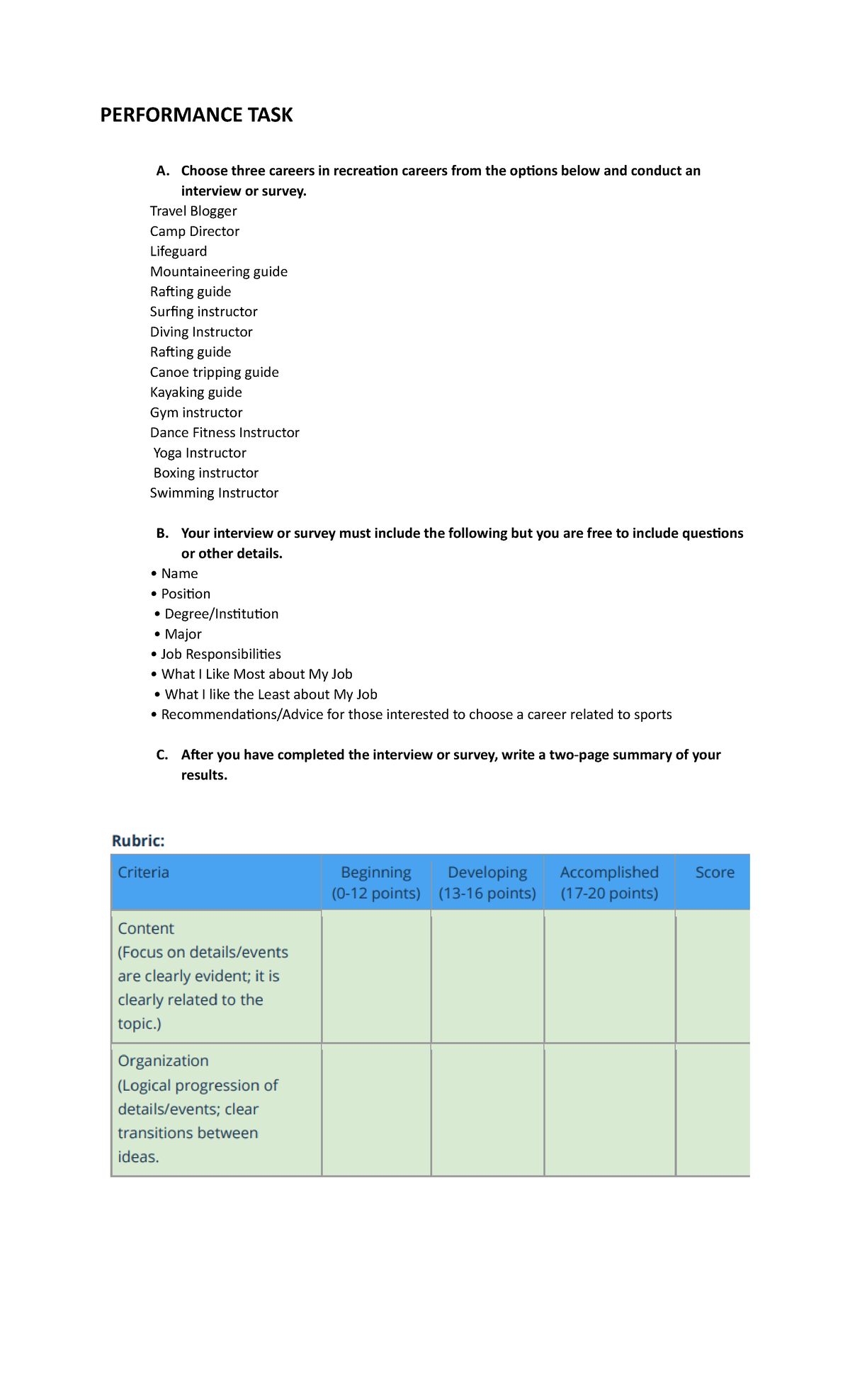 Performance task in PE of grade 12 - PERFORMANCE TASK A. Choose three ...