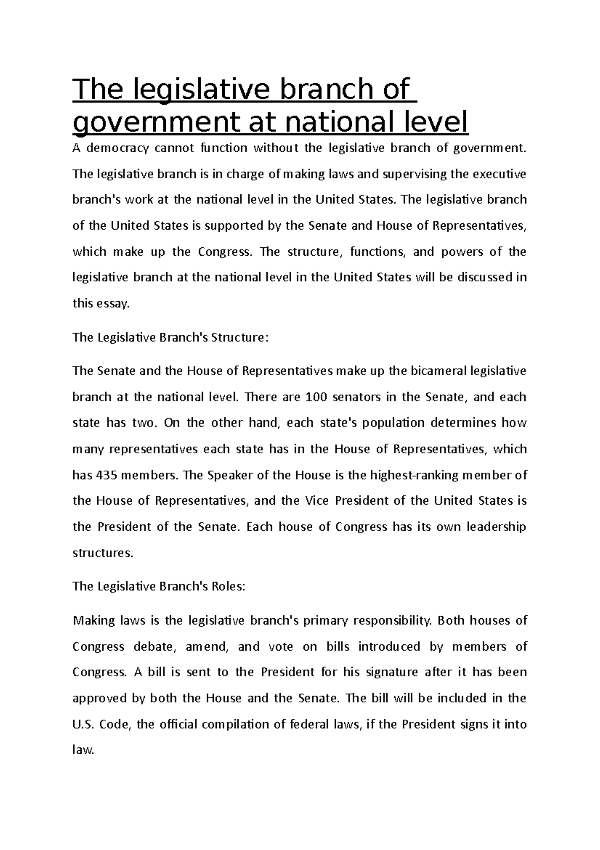 The legislative branch of government at national level - The ...