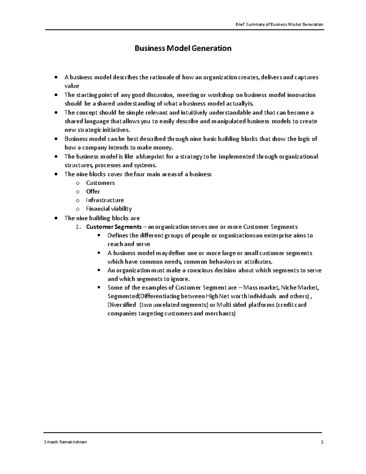 Brief summary of business model generation - Srinath Ramakrishnan 1 ...